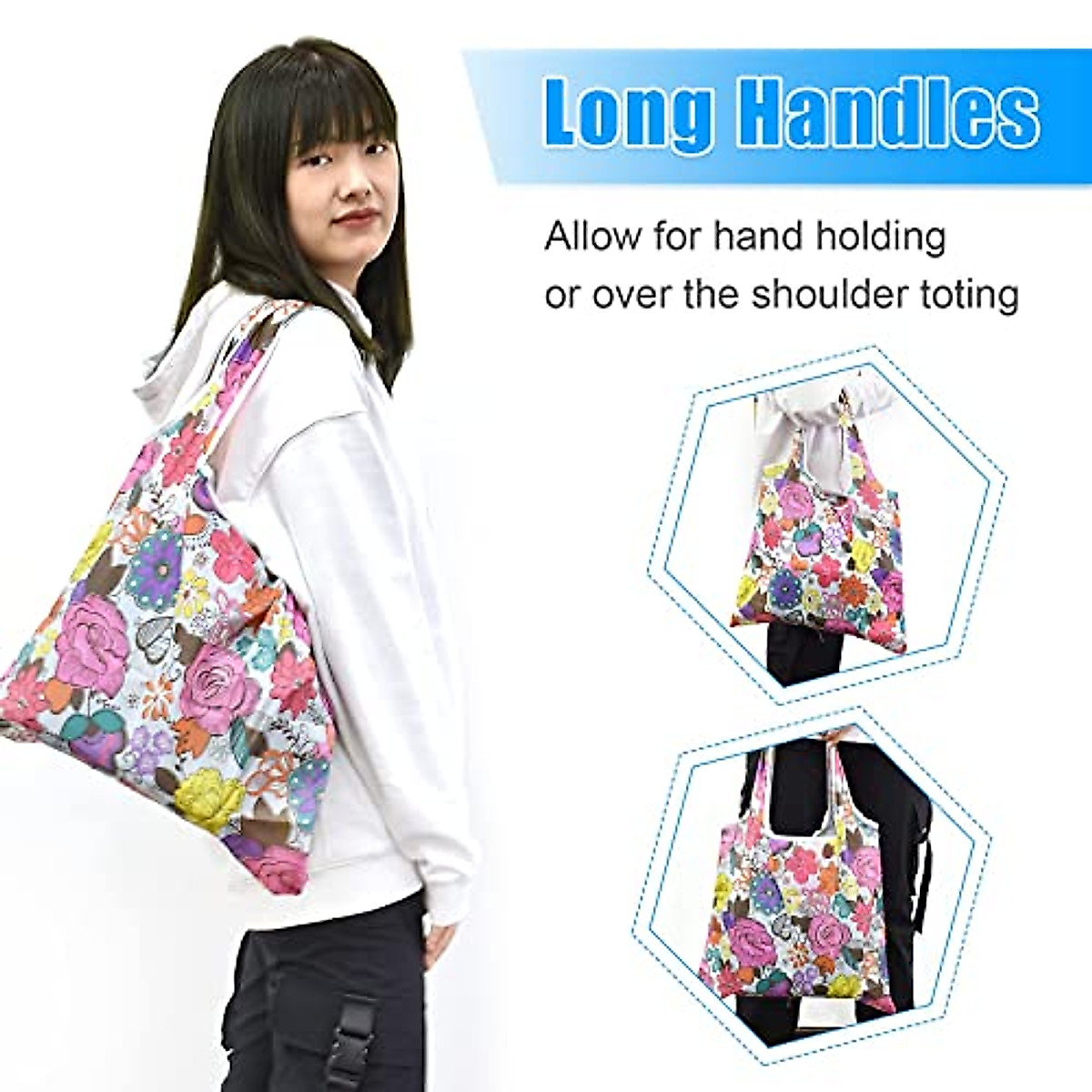 ATAMET 9 Pcs Reusable Grocery Bags, Foldable Shopping Bags, 50LBS Heavy Duty Durable Envirosax Bags, Machine Washable Waterproof Ripstop Tote Bags (Shiny Sweet Flowers)