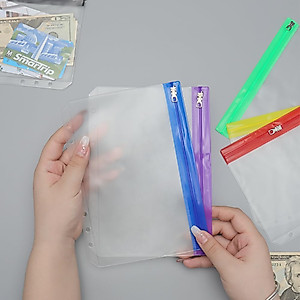A5 Binder Pocket 12pcs Metal Zipper Binder Pouches Colorful Zipper Budget Envelopes 6-Hole Translucent PVC Zipper Document Filing Bags for A5 Notebook Binder Journal Budget Organizer (A5)