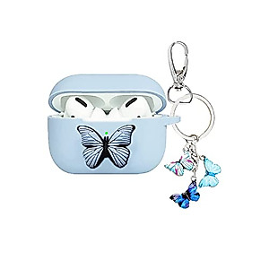 Case for Airpods Pro Case Protective Cute Butterfly Silicone Case Cover Portable & Shockproof Women Girls with Butterfly Keychain Clip for Apple Airpod Pro Charging Case (Blue)