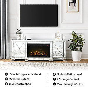Alohappy Electric Fireplace TV Stand for TVs up to 65”, Mirrored TV Stand with 18” LED Fireplace and Remote, Home Media Entertainment Center Silver TV Console Table Furniture for Living Room