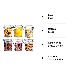 ComSaf Airtight Glass Canister with Lid Set of 6, 25oz Food Storage Jar, Storage Container with Seal Wire Clamp Fastening for Kitchen Fermenting Preserving Canning Pasta Flour Cereal
