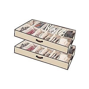 Shonpy 2PCS Men/Woman 12 Cells See Through Underbed shoes and boots Storage Bag Organizer with PVC window (beige)