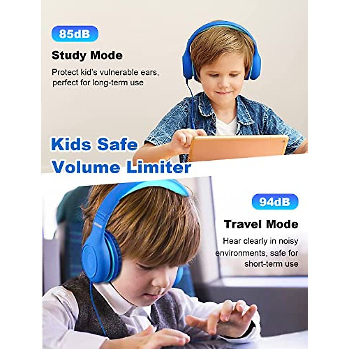 Kids Headphones with Microphone for School, Wired Over Ear Headphones with 85/94dB Safe Volume Limited, Audio Share Port, 3.5mm Jack Foldable Toddler Headphones for Tablet/PC/Phones