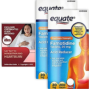 Equate Famotidine Tablets, 20 mg, Maximum Strength, Acid Reducer for Heartburn Relief, 200 Ct (2 Pack) +"Say"NO" to Indigestion and Heartburn" Better Idea Guide