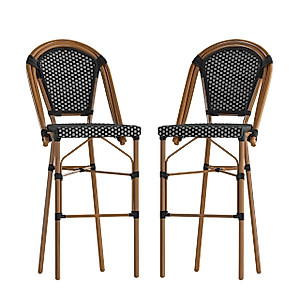 BizChair Set of 2 Stackable Indoor/Outdoor Bistro 30" High Barstools, Commercial Grade, Black/White and Bamboo Finish