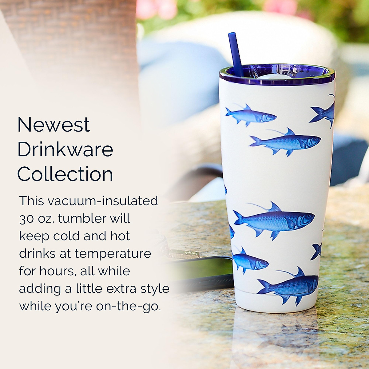 Caskata School of Fish Stainless Steel Insulated Tumbler | Cup, Lid & Straw Set for Travel, Commuting, & School | Perfect for Birthday, Christmas & Holiday Gifts | Blue on White Color | 30 oz