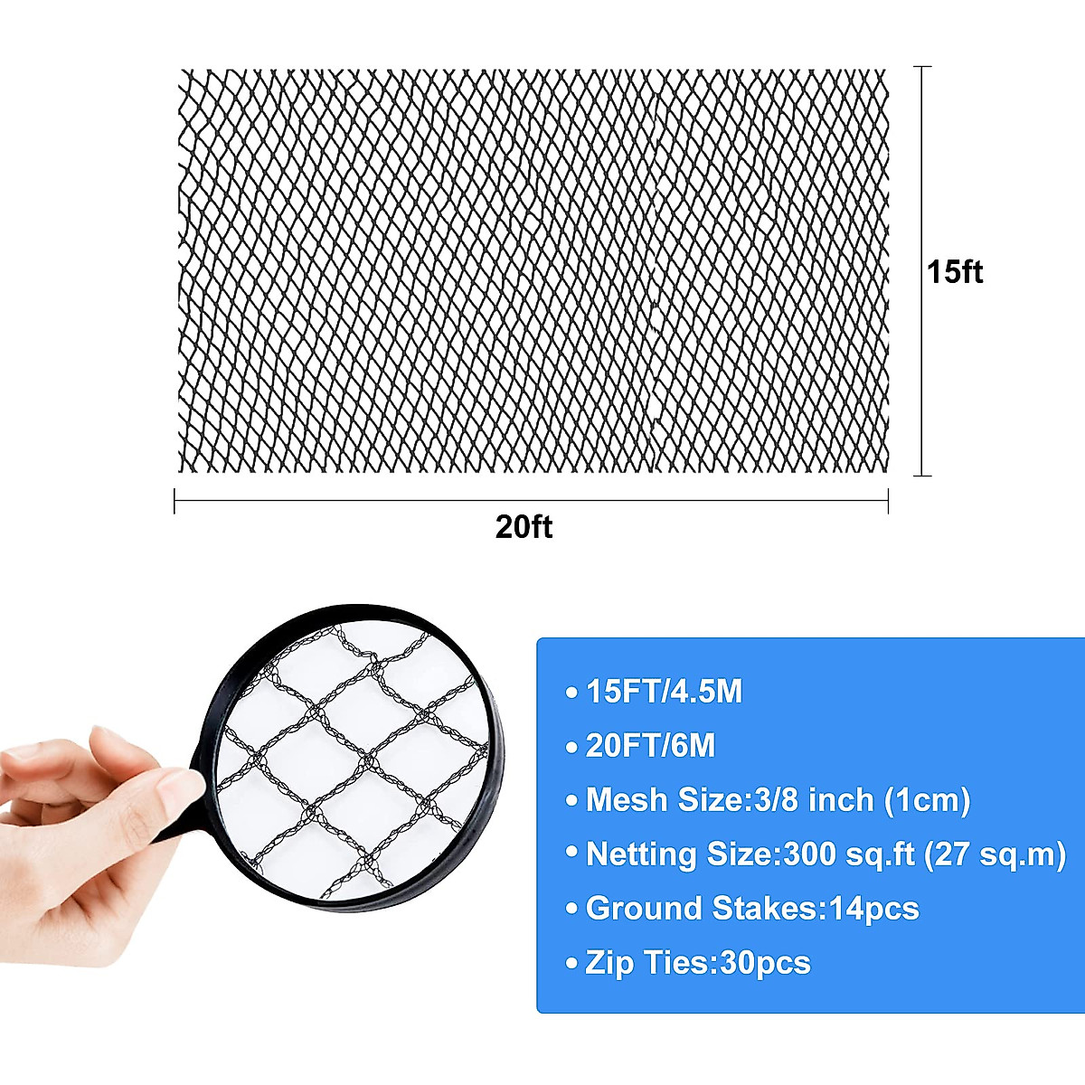 Pond Netting, 15 x 20 FT Pond Net Heavy Duty Pond Netting for Koi Ponds, Garden Pool Fine Mesh Netting Kit for Leaves, Protects Koi Fish from Birds Cats Predators, with 14 Stakes and 30 Cable Zip Ties