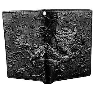 Balck Men Real Leather Vintage Dragon Wallet with Chain Card Holder Purse (vertical)