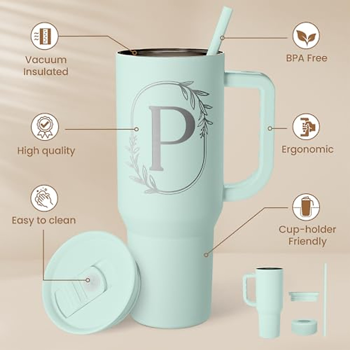 SANDJEST Stainless Steel Tumbler 40oz with Handle Initial P and Canvas Tote Bag