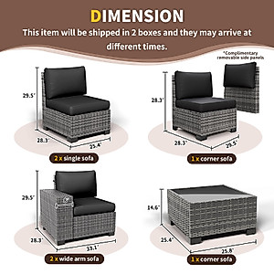 Poteban Outdoor Patio Furniture Set, 8'' Wide armrest Outdoor Sectional Rattan Sofa Set, Wicker Patio Furniture Sets w/Coffee Table,Thick Cushions and Cover for Porch, Balcony,Deck 6 PCS(Grey&Black)