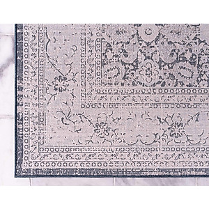 Unique Loom Leila Collection Distressed, Traditional, Vintage, Border, High-Low Pile, Botanical Area Rug, 8' 0 x 8' 0 Square, Navy Blue/Ivory