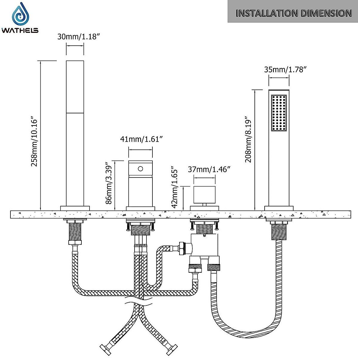 WATHELS Modern 4-Hole Waterfall Brushed Gold Bathtub Faucet Bathroom Roman Tub Filler Solid Brass Tub Faucet with Handheld Shower