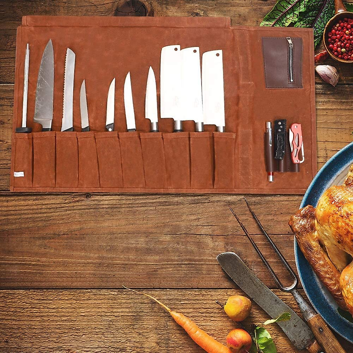 Knife Bag,Canvas Chef Knife Roll Bag,Chef Knife Case Roll Bag,Chef Knife Case Roll Bag With 10 Slots Plus 3 Zipper Pockets, Carry Handle & Shoulder Strap Chef Knife Bag For Men Culinary Traveling.