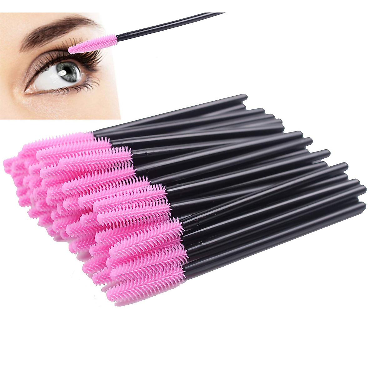 BIHRTC Pack of 100 One-Off Disposable Silicone Eyelash Mascara Brushes Wands Applicator Eyebrow Brush Makeup Tool Kit Set Deep pink