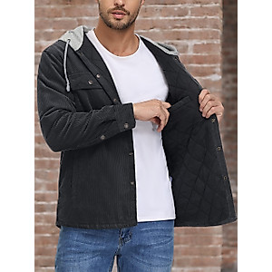 MAGCOMSEN Men's Corduroy Jacket Hoodies Quilted Lined Button-Down Casual Shirt Jackets Cotton Warm Winter Coat 5 Pockets