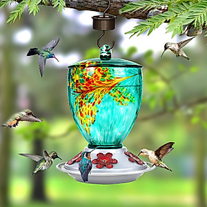 BOLITE Hummingbird Feeders for Outdoors, Hand Blown Glass, 30 Ounce, 5 Feeding Ports with Perch, 21003BU Green