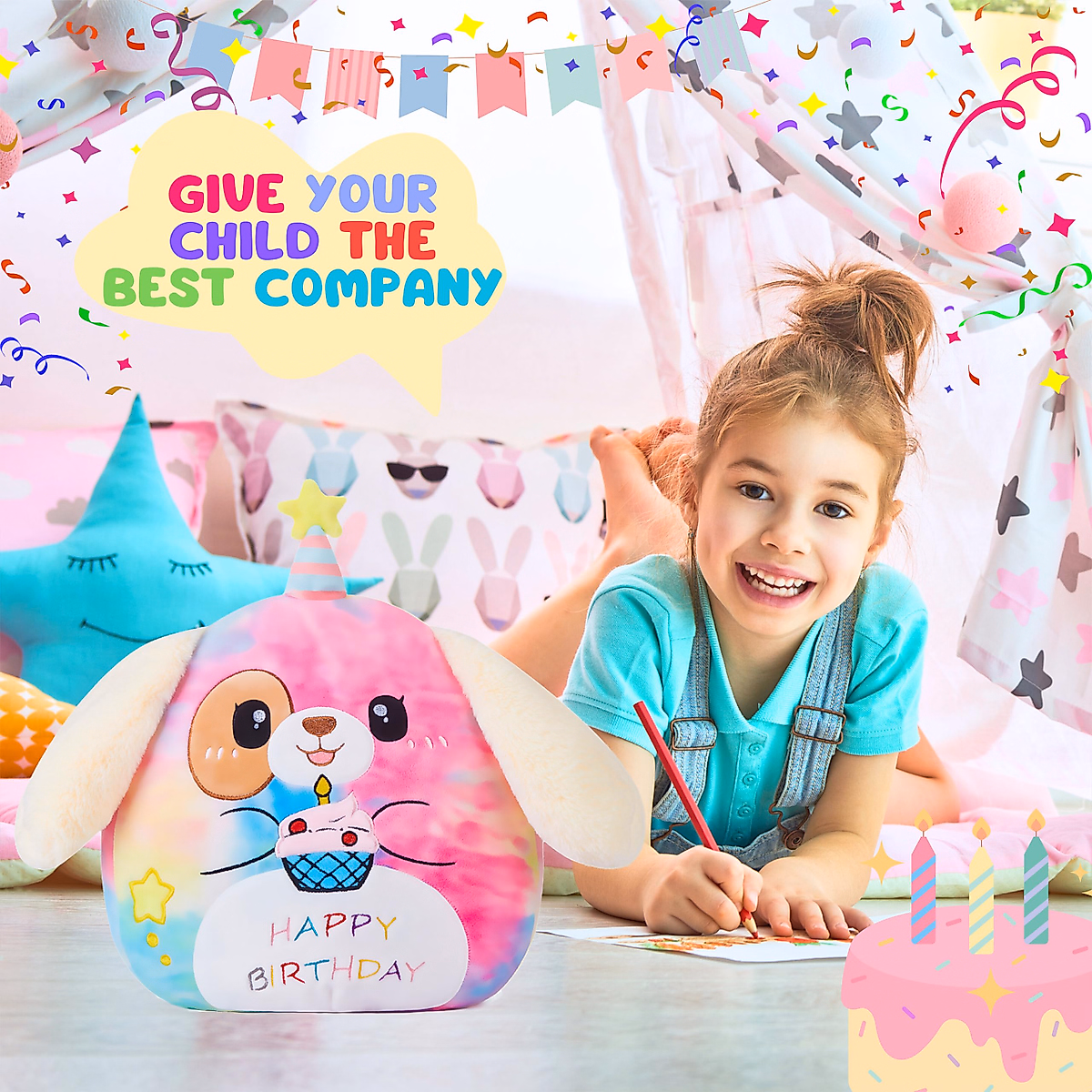 PLAYNICS Large Birthday Happy Dog Plush Pillow Stuffed Animal Toy,14.5" Big Size Cute Soft Toys Fat Kawaii Cuddle Huggable Plushie,Gift for Kids