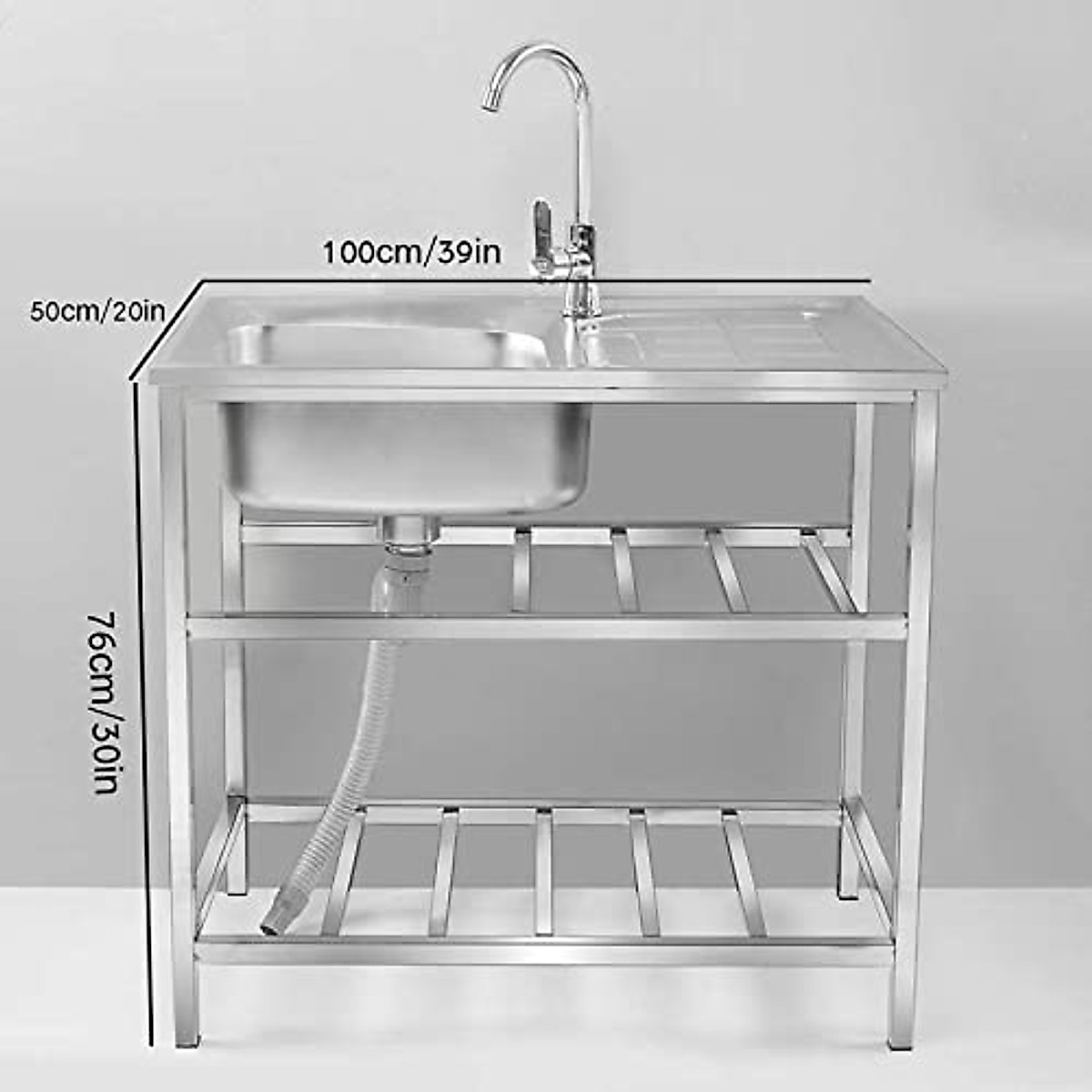 Commercial restaurant sink, stainless steel outdoor sink, freestanding utility sink with faucet and double shelf for bar, restaurant, kitchen, hotel, home, workshop, sink (Size : 75 * 40cm/30 * 16in)