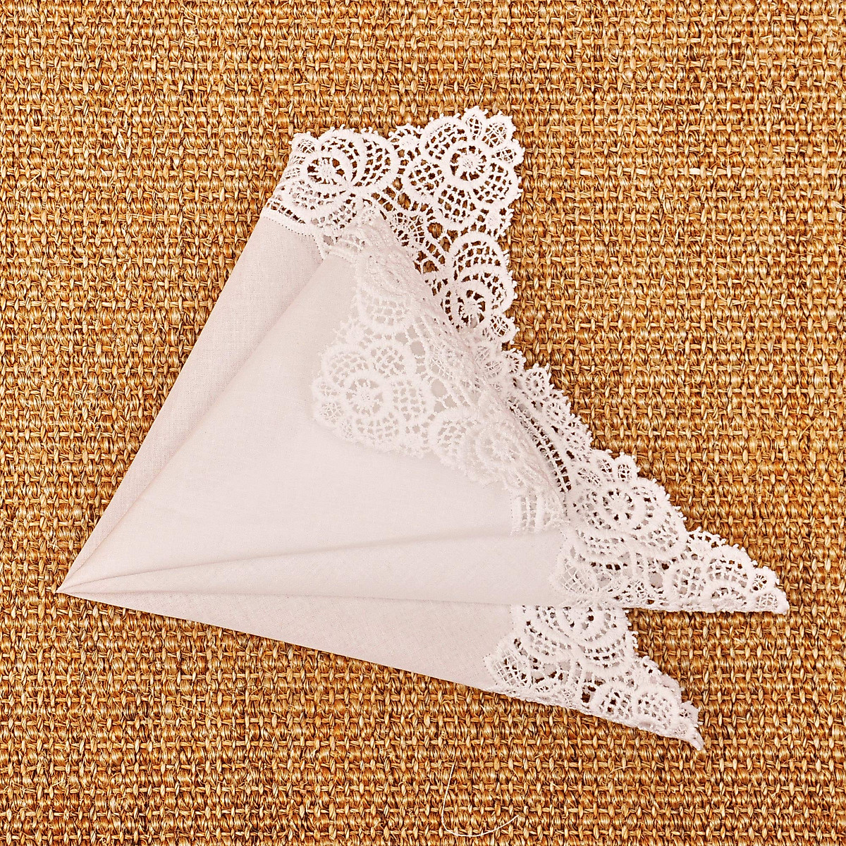 Milesky White Wedding Handkerchief Pure Cotton, Soft Ladies Hanky with Crochet Lace CH02