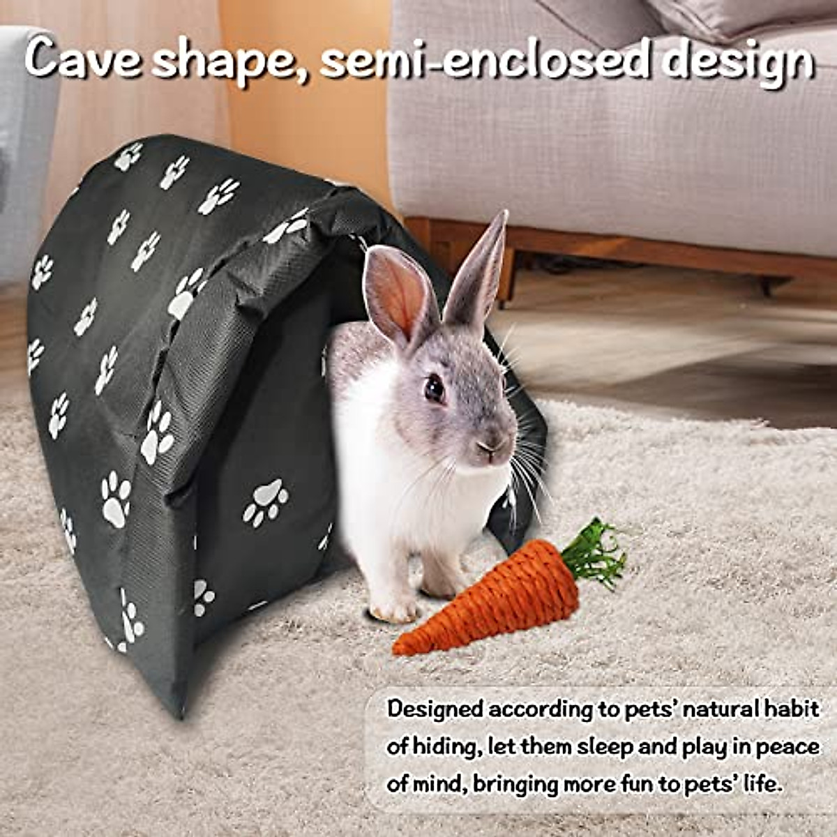 Bunny Cave Bed Small Animal Warm Nest Habitats Guinea Pig Hideouts Cage Accessorie for Hamster Rat Mice Chinchilla Flying Squirrel (Black)