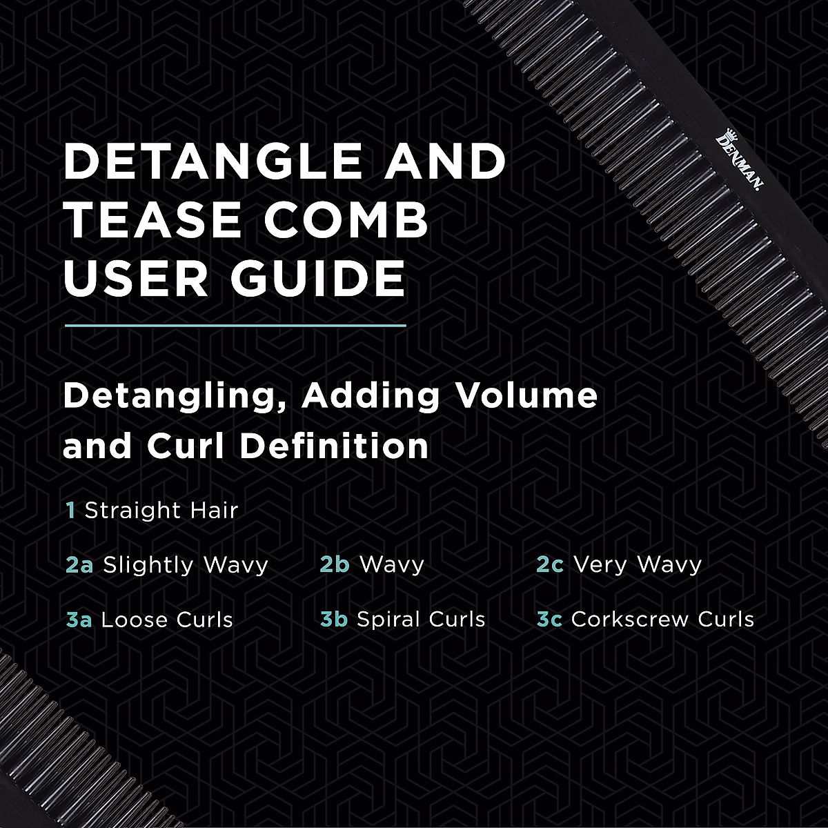 Jack Dean by Denman (Black) Curl Volumiser Comb for Separating, Styling, Defining, Enhancing & Boosting Curls (D12)