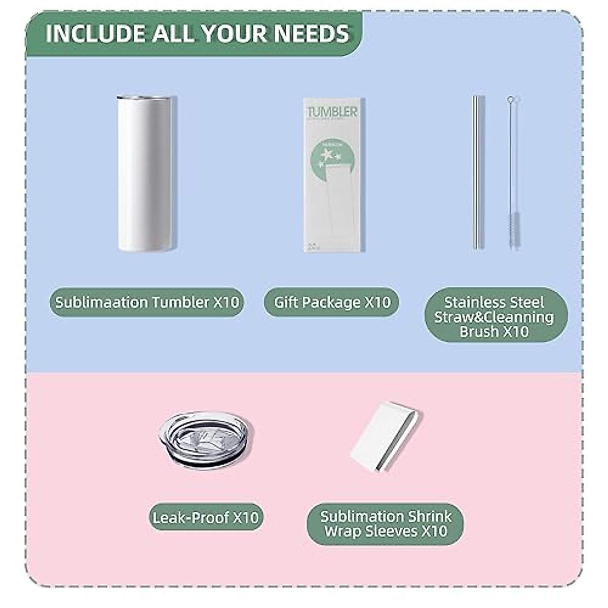 MURRICON Sublimation Tumblers 20 oz Skinny Straight,Stainless Steel Sublimation Blanks Skinny Tumbler,Double Wall Vacuum Insulated Sublimation Tumblers,with lid and straw,10 Pack