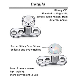 Ocptiy 14G G23 Titanium Dermal Piercing Jewelry Opal Dermal Top Dermal Piercing Base Kit Dermal Anchor Internally Threaded Stainless Surgical Steel Diamond Dermal Stud Piercing Ball Jewelry Women Men