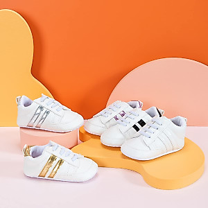 KIDSUN Infant Baby Boys Girls Sneaker Leather Soft Sole Anti-Slip Newborn Toddler White Casual Shoes First Walker Crib Shoes