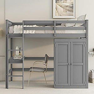 BIADNBZ Wooden Loft Bed with Desk and Wardrobe, Twin Size Loftbed Frame with Storage Closet&Bulid-in Ladder, for Kids Teens Bedroom, Gray