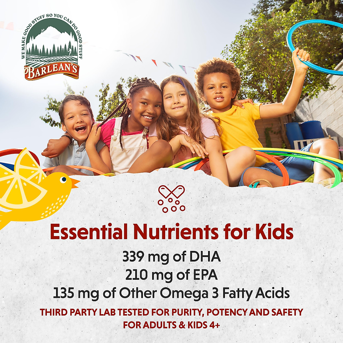 Barlean's Omega Pals Chirpin' Slurpin' Omega 3 for Kids, Yummy Lemonade Flavored Children's Liquid Fish Oil Supplement with 540 mg of EPA and DHA for Brain and Eye Health, 8 oz