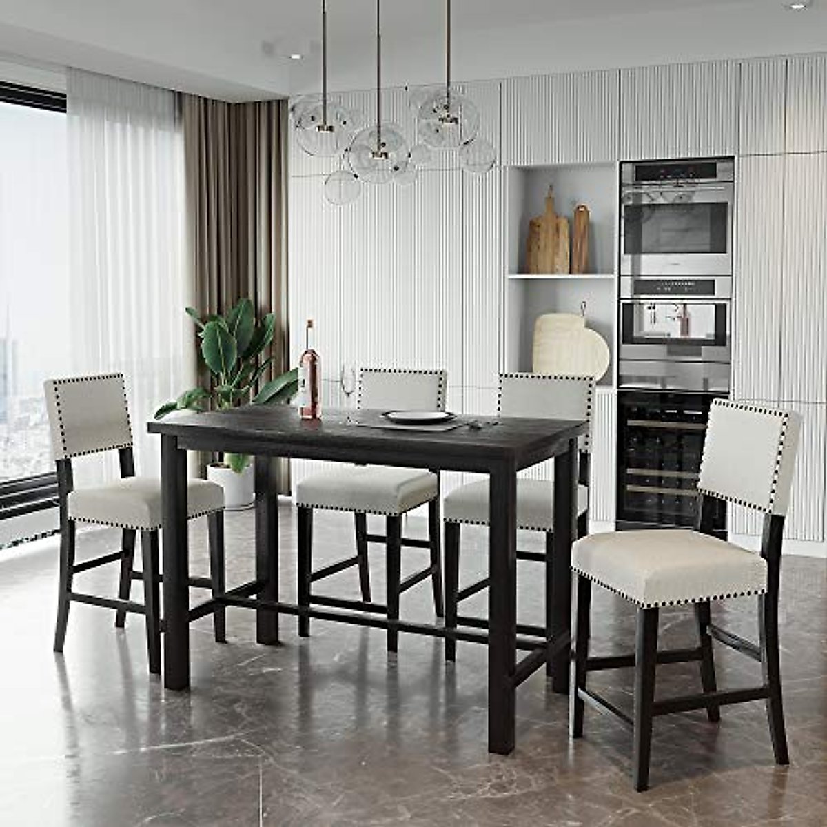 P PURLOVE 5 Piece Dining Set Kitchen Table Set Counter Height Table Set with One Rectangle Table and 4 Cushioned Chairs for 4 Persons Dining Room Table Set for Small Place(Table and 4 Chairs)