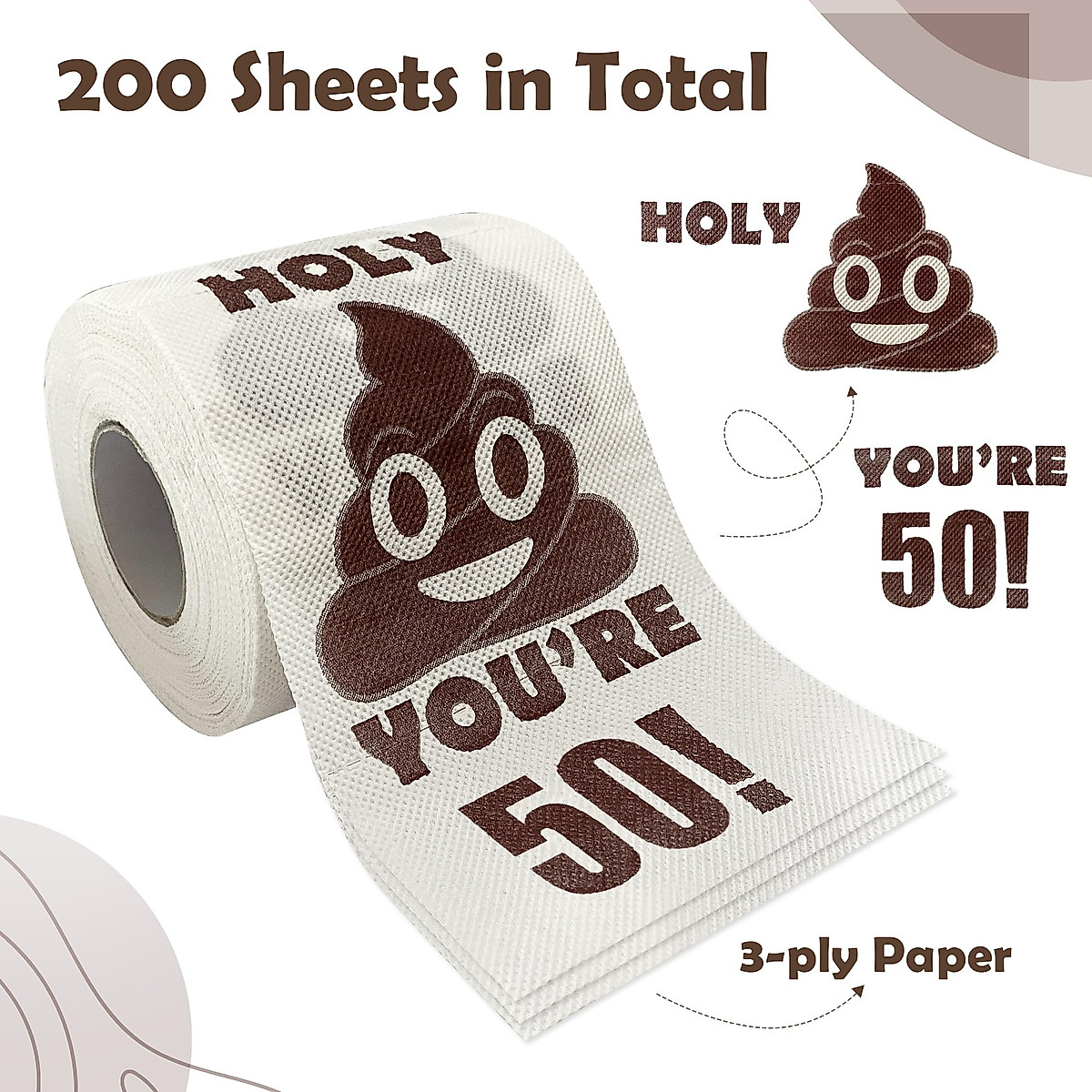 Happy 50th Birthday Gifts, 3-Ply Funny Toilet Paper Roll, Holy Poop You're 50 Printed Toilet Paper Gag Gift, Pranks & Surprises Bathroom Decor for Boys Son and Girls, Cheers to 50 Bday Party Supplies