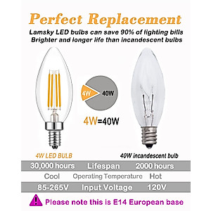 Lamsky E14 Base LED Filament Candle Shape Light Bulb,E14 European Base Bulb,Warm White 2700K 400LM 40W Equivalent,C35 Clear Glass Torpedo Shape Bullet Top,No-Dimmable (4-Pack)