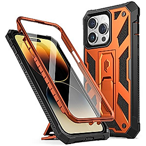 Poetic Compatible with iPhone 14 Pro Max Case, Spartan Phone Case for iPhone 14 Pro Max, Full Body Leather Texture Shockproof Protective Cover with Screen Protector and Kickstand, Metallic Orange