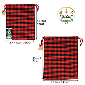 HRX Package Big Fabric Drawstring Gift Bags, 6pcs Reusable Christmas Sacks Red and Black Buffalo Plaid Cloth Pouches for Xmas Presents Party Favor