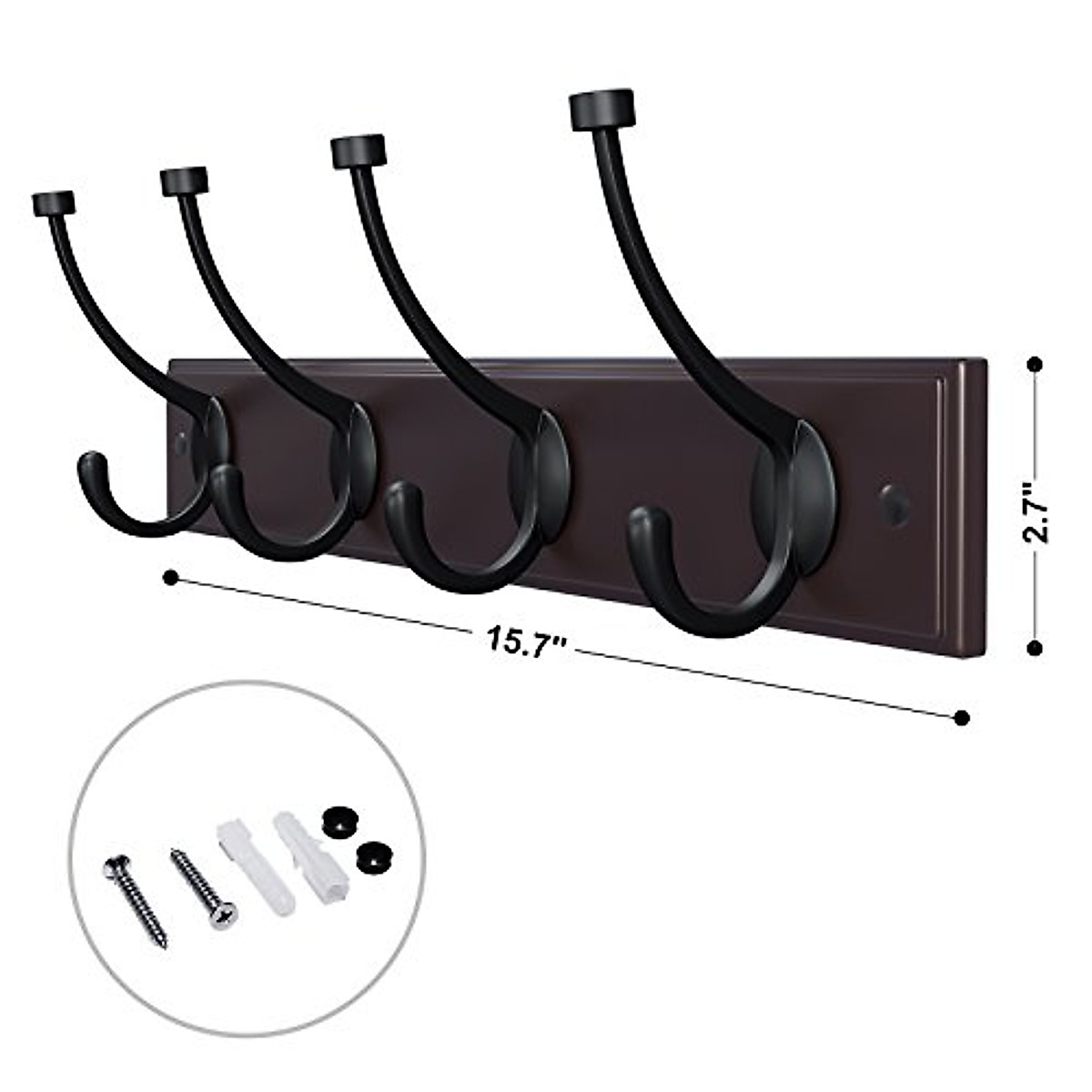 SONGMICS Wooden Wall Mounted Coat Rack 16 Inch Rail with 4 Metal Hooks for Entryway Bathroom Closet Room Dark Brown