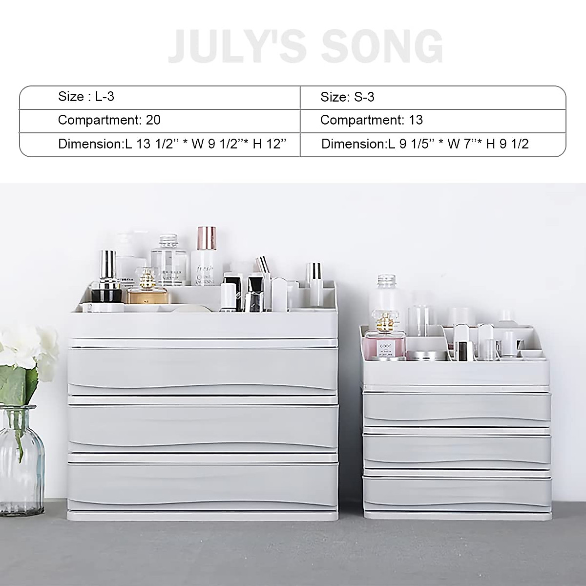 JULY'S SONG Makeup Organizer with Drawers Tray for Cosmetic Storage, Bathroom Countertop Make up Organizers Display Box for Brushes Lipstick Nail