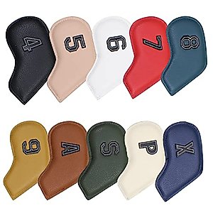 Scott Edward Golf Iron Covers Leather Iron Golf Head Covers Set, 10Pcs Strong Magnetic Closure Long Neck Protect Club Clearly Number Tag 4-9/A/P/S/X (Colorful)