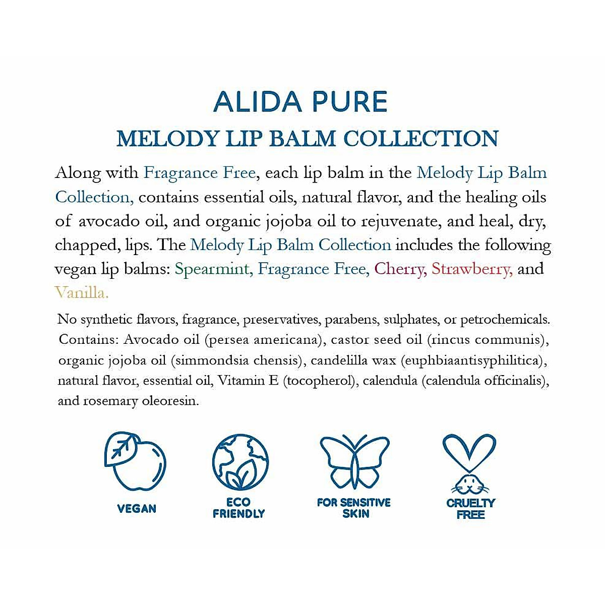 ALIDA PURE Vegan Melody Lip Balm Collection, Cruelty Free, Beeswax Free, Coconut Oil Free, 5 Lip Balm Set, Organic Jojoba Oil, Avocado Oil, and Vitamin E, Natural Moisturizing Lip Balm | Lip Gloss, for Dry, Chapped, or Cracked Lips