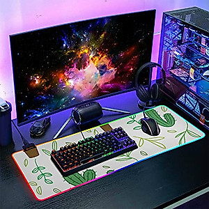 Large RGB Gaming Mouse Pad Cactus Plants Editorial Decoration Purposes Glowing Extended Mousepad 35.4x15.7in, Soft Anti-Slip Rubber Base Luminous Mouse Mat for Pc Laptop, Gaming, Office, Home