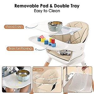 Beberoad Love Baby High Chair, 4 in 1 Wooden Highchair Convertible High Chair Booster Toddler Chair with Double Removable Tray, 5-Point Harness & PU Cushion for Babies Infants Toddlers White