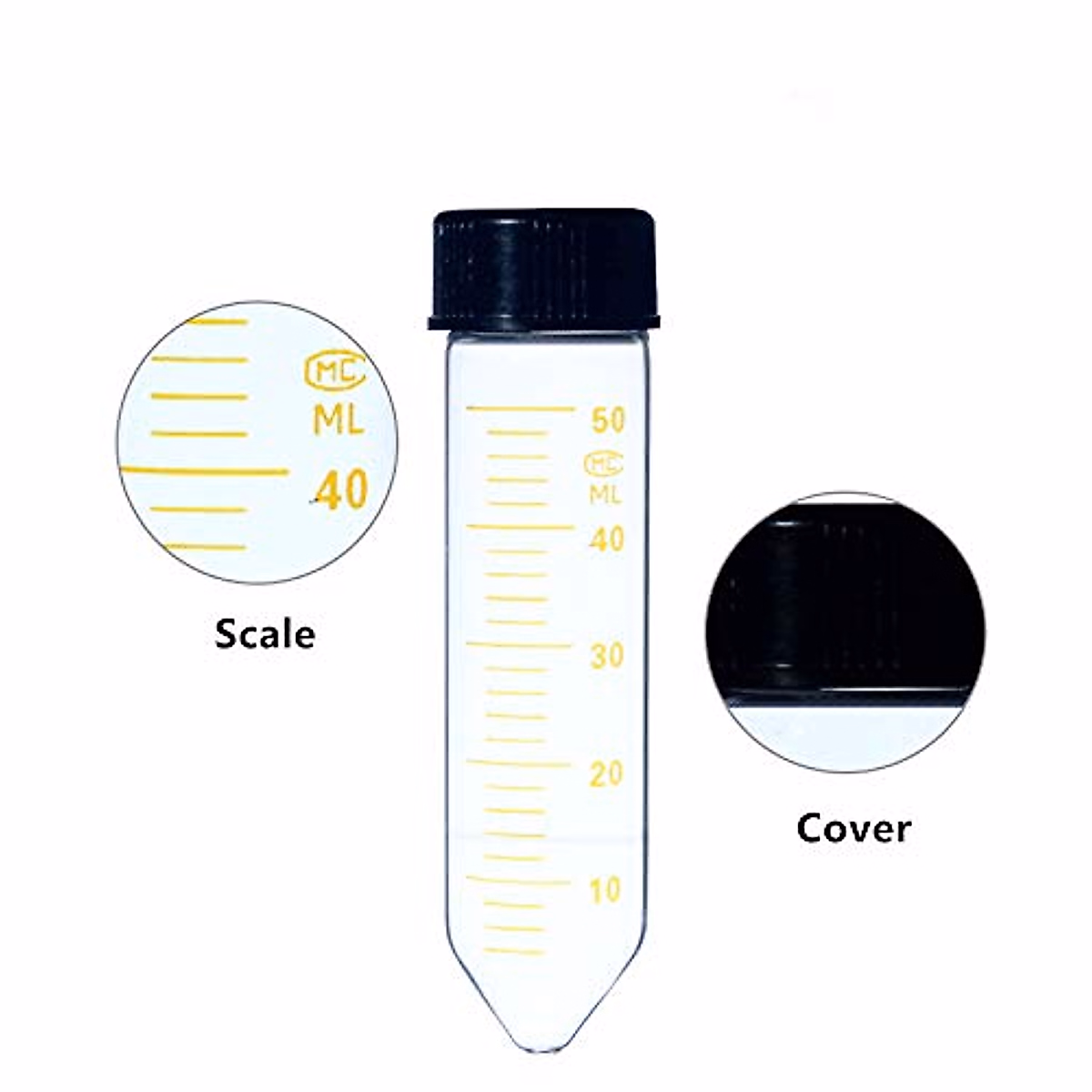 Centrifuge Tube, 50ml Borosilicate Glass Material, Conical Bottom, Centrifuge Vials with Printed Graduation and Black Screw Cap, No-Leak, Non-Sterile (50ml, Pack of 10)