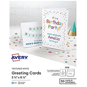 Avery Printable Greeting Cards, Half-Fold, 5.5" x 8.5", Textured White, 30 Blank Cards with Envelopes (3378)