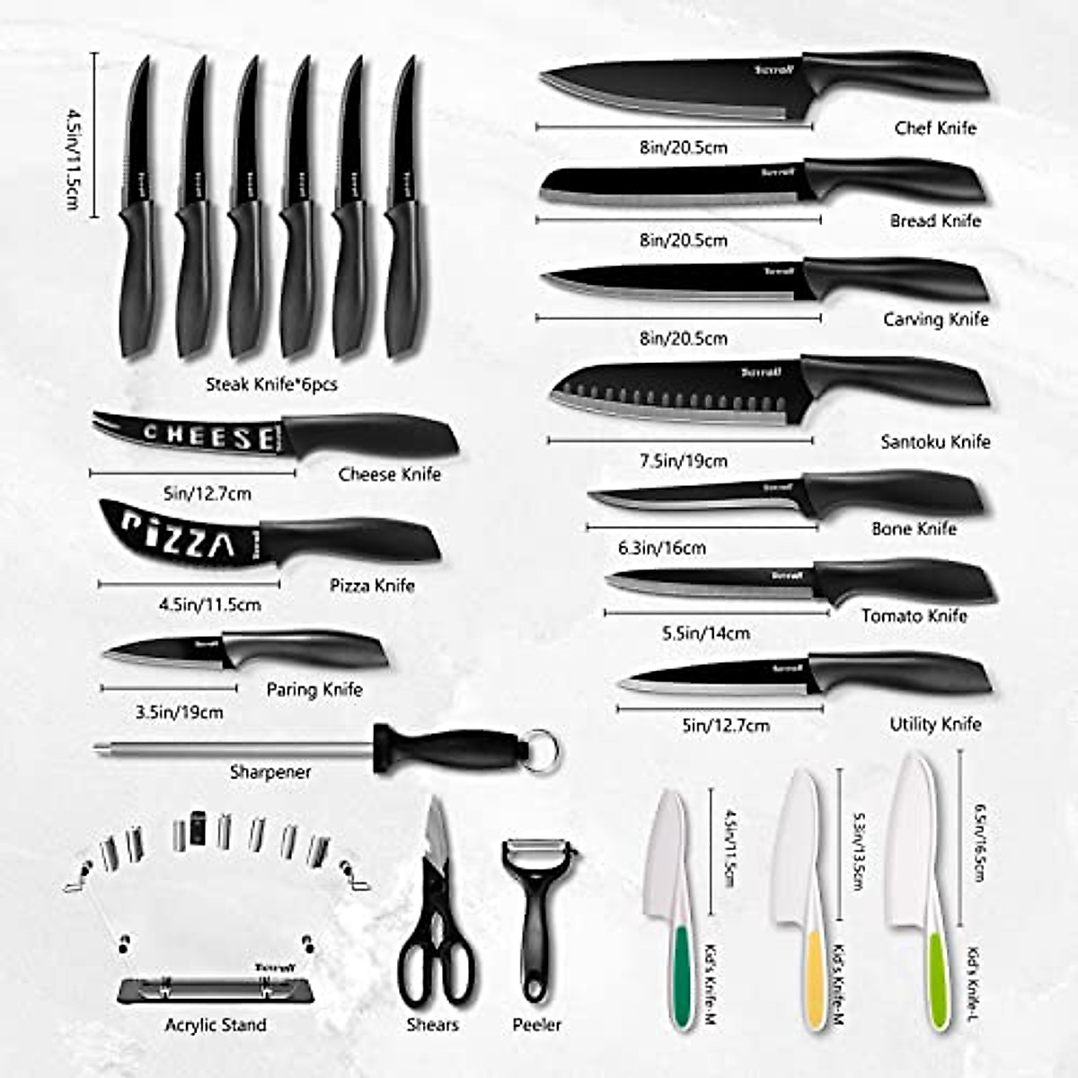 TICWELL Knife Set, 23 Pieces German Stainless Kitchen Knife Block Sets Include 3 PCS Toddler Kitchen Accessories,Black