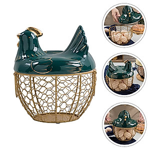 Hemoton Metal Wire Egg Basket Chicken Egg Storage Skelter Basket with Ceramic Farm Chicken Cover Egg Holder Organizer Container