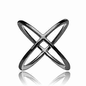 GemStar USA Black Tone Flash Sterling Silver Fashion Trendy Polished Criss-Cross X Ring for Women