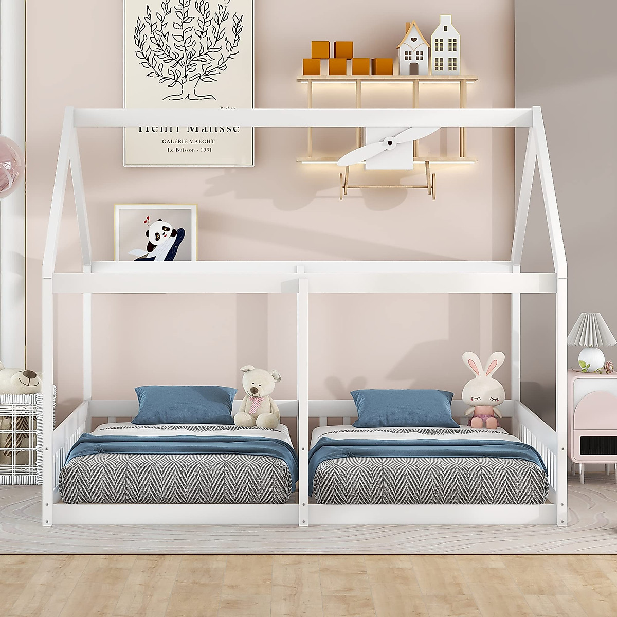 Twin House Bed for 2 Kids Wood Double Floor Beds Frame with Fence Railings Two Shared Beds for Boys Girls Teens, Twin Size, White