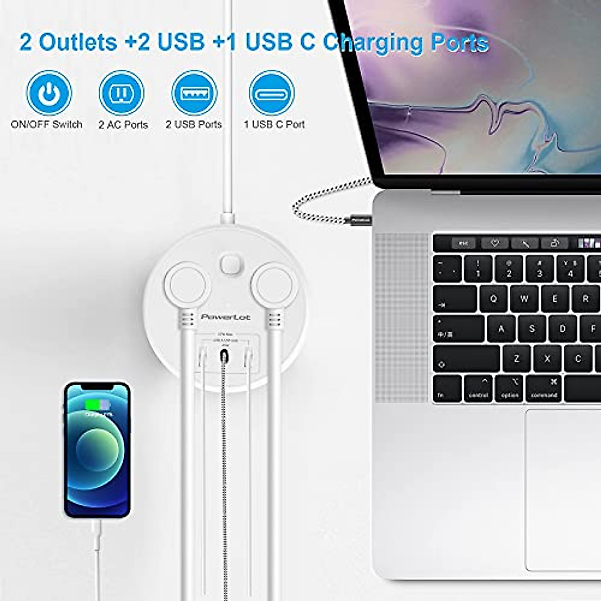 PowerLot Power Strip with 2 Outlets, 3 USB (2A+1C), 5TF Extension Cord Power Strip with PD 45W USB C for Laptop， Flat Plug Power Strip for Cruise Ship Travel Home and Office