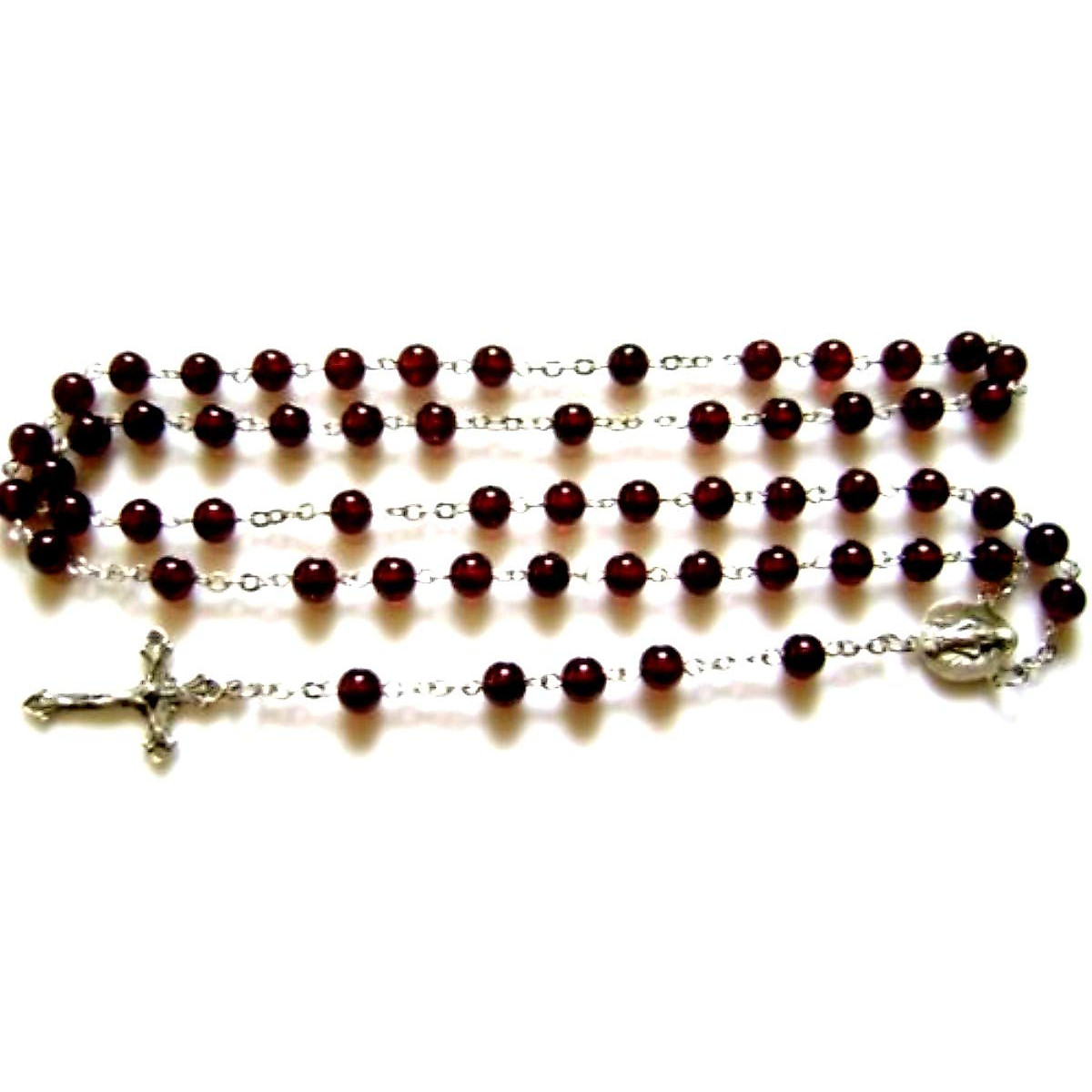 elegantmedical HANDMADE Garnet Gemstone Bead Catholic Sterling 925 Silver 5 DECADE ROSARY Cross Crucifix Necklace Womens/Girls