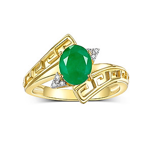 RYLOS Rings for Women 14K Gold Plated Silver Greek Key Designer Ring 9X7MM Gemstone & Diamond Ring May Emerald Jewelry Size 7